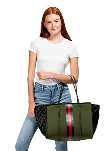 Haute Shore - Greyson Avenue Neoprene Tote Bag w/Zipper Wristlet Inside, Army W/Black & Red Stripe