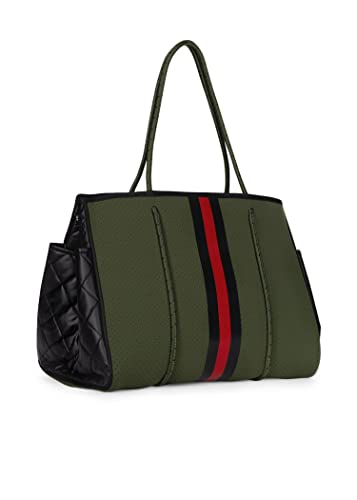 Haute Shore - Greyson Avenue Neoprene Tote Bag w/Zipper Wristlet Inside, Army W/Black & Red Stripe