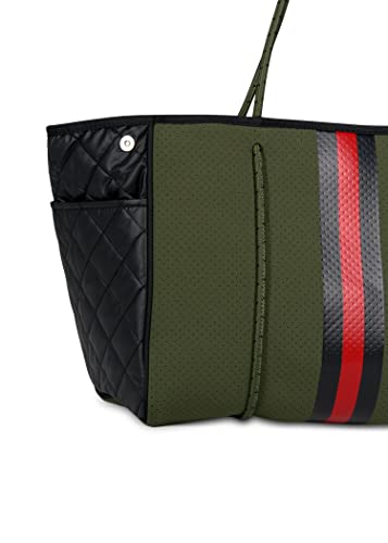 Haute Shore - Greyson Avenue Neoprene Tote Bag w/Zipper Wristlet Inside, Army W/Black & Red Stripe