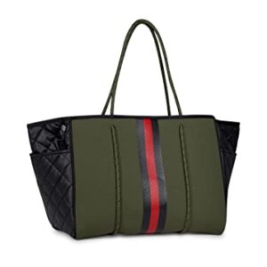 Haute Shore - Greyson Avenue Neoprene Tote Bag w/Zipper Wristlet Inside, Army W/Black & Red Stripe