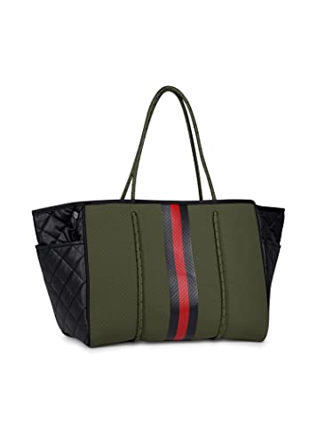 Haute Shore - Greyson Avenue Neoprene Tote Bag w/Zipper Wristlet Inside, Army W/Black & Red Stripe