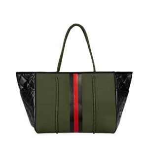 Haute Shore - Greyson Avenue Neoprene Tote Bag w/Zipper Wristlet Inside, Army W/Black & Red Stripe