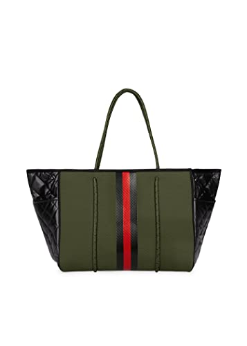 Haute Shore - Greyson Avenue Neoprene Tote Bag w/Zipper Wristlet Inside, Army W/Black & Red Stripe