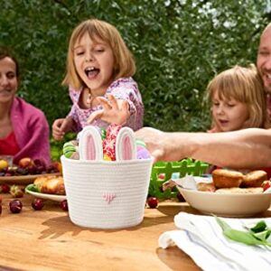 2Pcs Rabbit Easter Baskets for Kids,Hand Woven Cotton Rope Bunny Basket with Handle for Easter Stuffer & Egg Hunt, Decorations, Candy Gifts Storage (Pink & White)