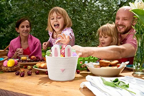 2Pcs Rabbit Easter Baskets for Kids,Hand Woven Cotton Rope Bunny Basket with Handle for Easter Stuffer & Egg Hunt, Decorations, Candy Gifts Storage (Pink & White)