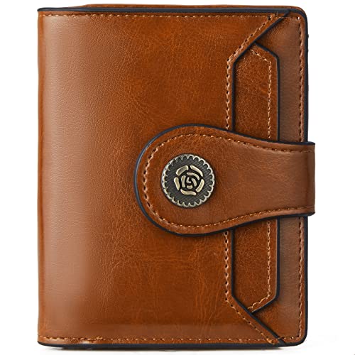 BOSTANTEN Women Leather Wallet Small RFID Blocking Bifold Zipper Pocket Wallet Card Case with ID Window Brown