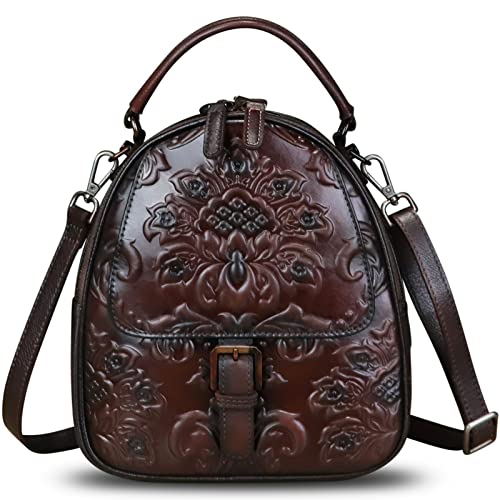 Genuine Leather Satchel for Women Embossed Leather Top Handle Handmade Purse Vintage Handbags Convertible Backpack (Coffee)