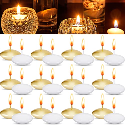 90 Pieces White and Gold Floating Candles Unscented Dripless Wax Discs Smooth Small Candles Tealight Shape Floating Pool Candles Romantic Candles for Wedding Party Holiday Table Centerpieces