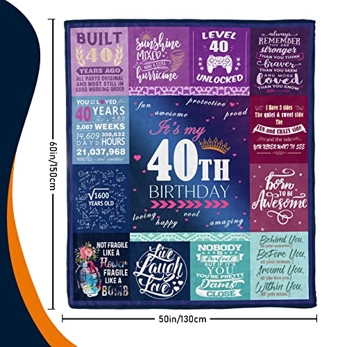 40th Birthday Gifts for Women Blanket 60x50in, 40th Birthday Gifts for Her, 40th Birthday Decorations for Women, 40 Year Old Birthday Gifts for Women Sister Wife Mom Soft Warm Throw Blanket