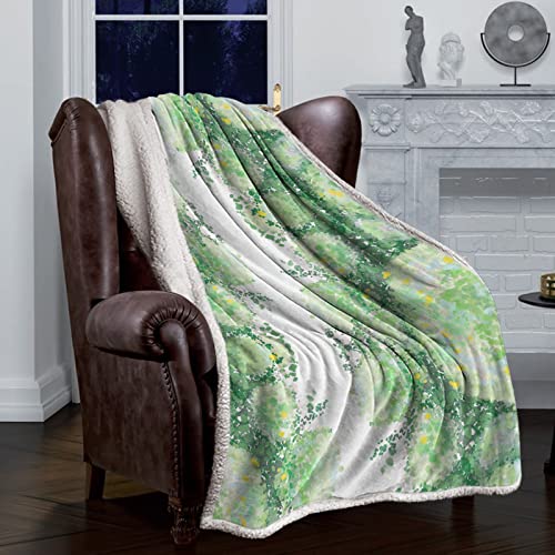 Green Yellow Sherpa Fleece Soft Double-Layered Fluffy Blanket, Watercolor Teal Ombre Leaves Botanical Warm Throw Blankets for Living Room, Bedroom, 59" W x 79" L