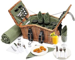 picnic basket for 4, willow picnic basket set with insulated cooler compartment, waterproof blanket and cutlery service kit for camping, outdoor