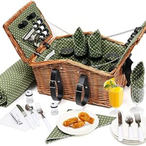 Picnic Basket for 4, Willow Picnic Basket Set with Insulated Cooler Compartment, Waterproof Blanket and Cutlery Service Kit for Camping, Outdoor