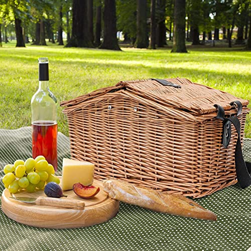 Picnic Basket for 4, Willow Picnic Basket Set with Insulated Cooler Compartment, Waterproof Blanket and Cutlery Service Kit for Camping, Outdoor