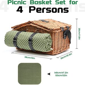 Picnic Basket for 4, Willow Picnic Basket Set with Insulated Cooler Compartment, Waterproof Blanket and Cutlery Service Kit for Camping, Outdoor