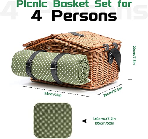 Picnic Basket for 4, Willow Picnic Basket Set with Insulated Cooler Compartment, Waterproof Blanket and Cutlery Service Kit for Camping, Outdoor