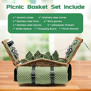 Picnic Basket for 4, Willow Picnic Basket Set with Insulated Cooler Compartment, Waterproof Blanket and Cutlery Service Kit for Camping, Outdoor