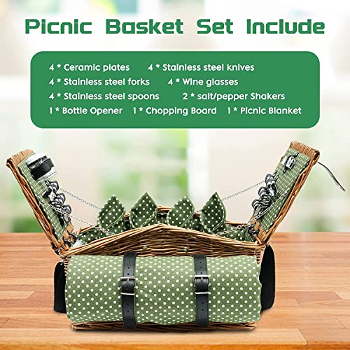 Picnic Basket for 4, Willow Picnic Basket Set with Insulated Cooler Compartment, Waterproof Blanket and Cutlery Service Kit for Camping, Outdoor