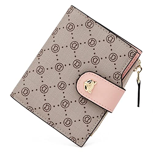 FOXLOVER Small Wallets for Women, Faux Leather Ladies Cute Zipper Purses Wallet with ID Window Credit Card Holders Gift Box Packing Womens Signature Monogram Wallets (Grey+pink)