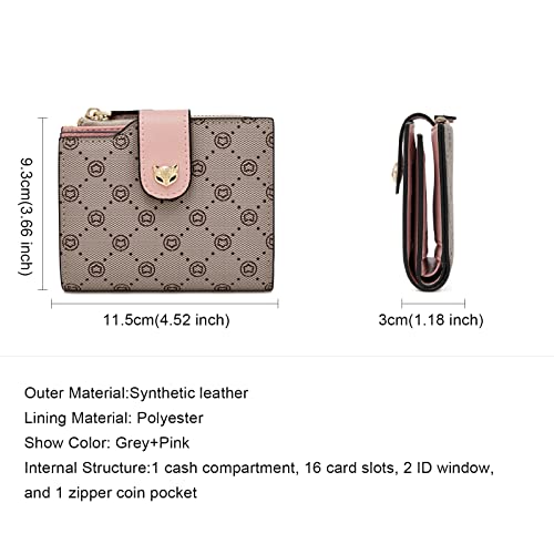 FOXLOVER Small Wallets for Women, Faux Leather Ladies Cute Zipper Purses Wallet with ID Window Credit Card Holders Gift Box Packing Womens Signature Monogram Wallets (Grey+pink)