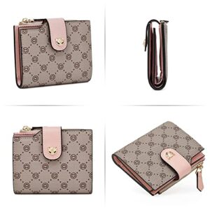 FOXLOVER Small Wallets for Women, Faux Leather Ladies Cute Zipper Purses Wallet with ID Window Credit Card Holders Gift Box Packing Womens Signature Monogram Wallets (Grey+pink)