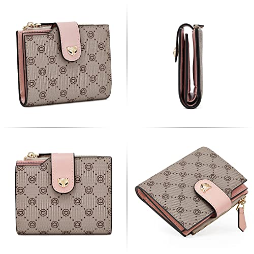 FOXLOVER Small Wallets for Women, Faux Leather Ladies Cute Zipper Purses Wallet with ID Window Credit Card Holders Gift Box Packing Womens Signature Monogram Wallets (Grey+pink)