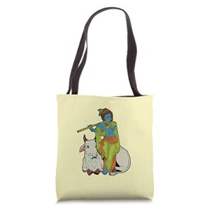 hindu god – the blue flute player krishna tote bag