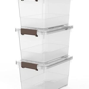 WYT 7-Quart Clear Plastic Storage Latch Box/Bins, 3-Pack Storage Organizer Box with Brown Latching Handle and Lid, 7-Litre