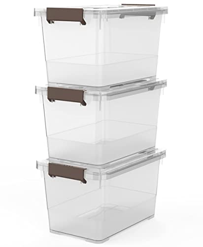 WYT 7-Quart Clear Plastic Storage Latch Box/Bins, 3-Pack Storage Organizer Box with Brown Latching Handle and Lid, 7-Litre