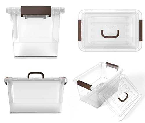 WYT 7-Quart Clear Plastic Storage Latch Box/Bins, 3-Pack Storage Organizer Box with Brown Latching Handle and Lid, 7-Litre