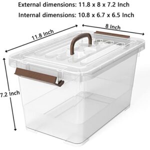 WYT 7-Quart Clear Plastic Storage Latch Box/Bins, 3-Pack Storage Organizer Box with Brown Latching Handle and Lid, 7-Litre