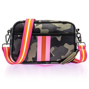 celela small crossbody bags for women neoprene bag waterproof messenger bag purses with guitar strap tassel (green camo)