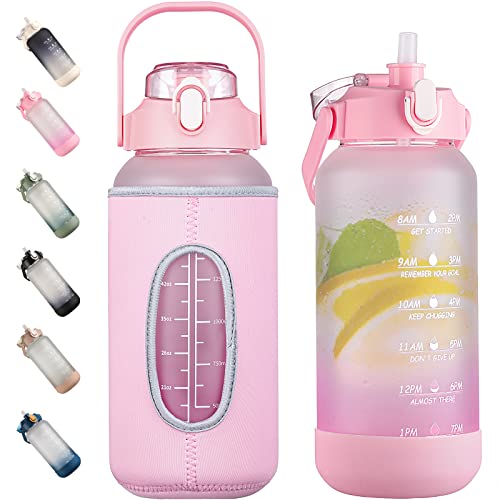 kytffu 64oz Glass Water Bottles with Straw, Half Gallon Motivational Time Marker Water Bottle Glass with Neoprene Sleeve, 2L Leakproof Large Glass Water Jug for Gym,Pink