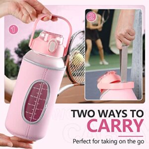 kytffu 64oz Glass Water Bottles with Straw, Half Gallon Motivational Time Marker Water Bottle Glass with Neoprene Sleeve, 2L Leakproof Large Glass Water Jug for Gym,Pink