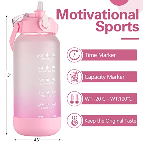 kytffu 64oz Glass Water Bottles with Straw, Half Gallon Motivational Time Marker Water Bottle Glass with Neoprene Sleeve, 2L Leakproof Large Glass Water Jug for Gym,Pink