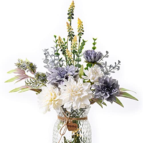 GDSSG Fake Artificial Flowers Arrangements Centerpiece Table Decorations Like Real Silk Flowers Bouquets Wedding Centerpieces for Table Faux White Blue Dahlia Home Kitchen Garden Party Decor