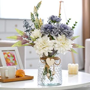 GDSSG Fake Artificial Flowers Arrangements Centerpiece Table Decorations Like Real Silk Flowers Bouquets Wedding Centerpieces for Table Faux White Blue Dahlia Home Kitchen Garden Party Decor