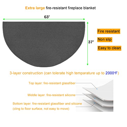 63″x37″ Extra Large Half Round Fireproof Fireplace Mat Hearth Area Rug - Fire Retardant Fiberglass Carpet - Fire Flame Resistant Floor Covering Protection Pad Non-Slip Floor Protector