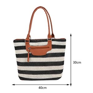 JQWSVE Straw Beach Bags Tote Stripe Bag Large Handwoven Straw Shoulder Bag Purse Boho Straw Handle Tote Retro Summer Handbag