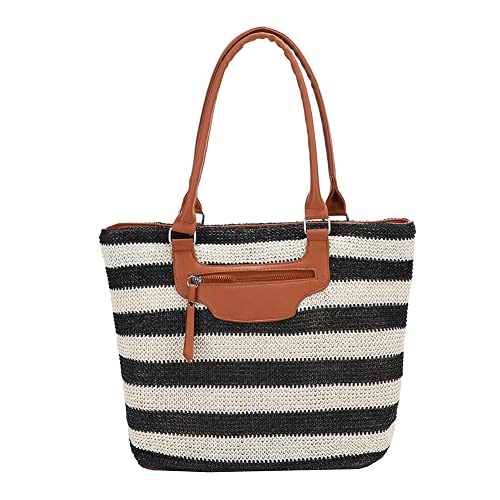 JQWSVE Straw Beach Bags Tote Stripe Bag Large Handwoven Straw Shoulder Bag Purse Boho Straw Handle Tote Retro Summer Handbag