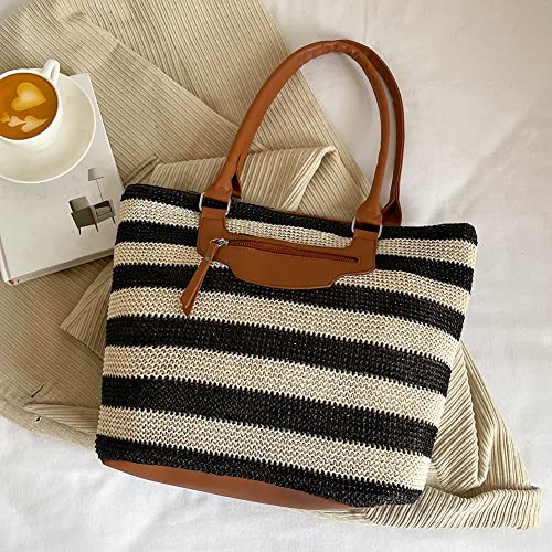 JQWSVE Straw Beach Bags Tote Stripe Bag Large Handwoven Straw Shoulder Bag Purse Boho Straw Handle Tote Retro Summer Handbag