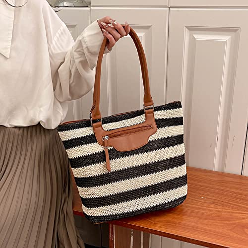 JQWSVE Straw Beach Bags Tote Stripe Bag Large Handwoven Straw Shoulder Bag Purse Boho Straw Handle Tote Retro Summer Handbag