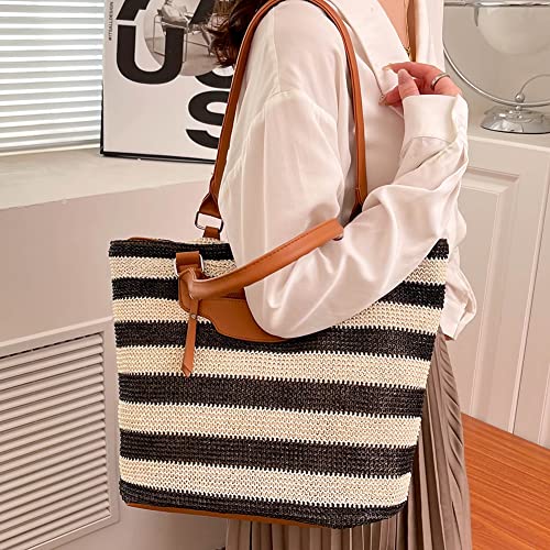 JQWSVE Straw Beach Bags Tote Stripe Bag Large Handwoven Straw Shoulder Bag Purse Boho Straw Handle Tote Retro Summer Handbag