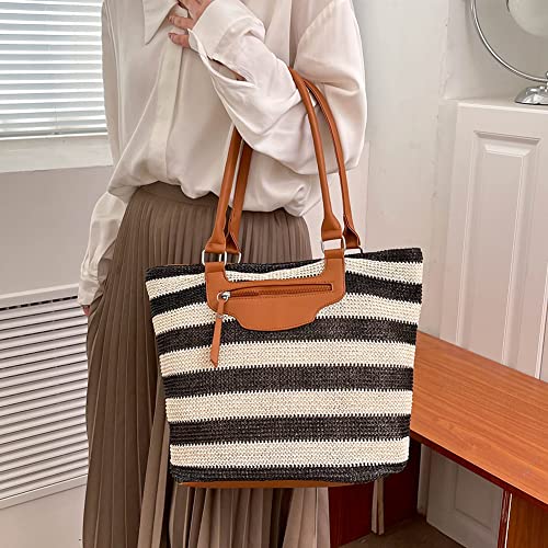 JQWSVE Straw Beach Bags Tote Stripe Bag Large Handwoven Straw Shoulder Bag Purse Boho Straw Handle Tote Retro Summer Handbag