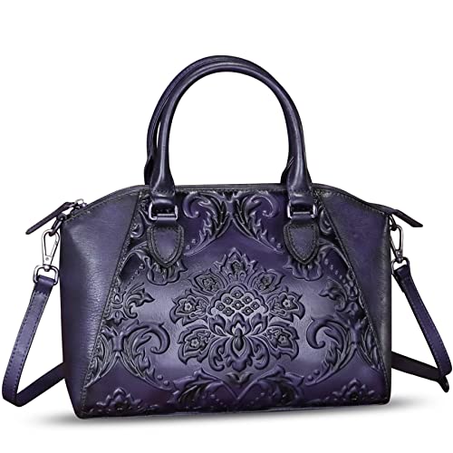 Genuine Leather Satchel for Women Embossed Leather Handbag Top Handle Bags Handmade Purse Crossbody Tote Handbags (Purple)