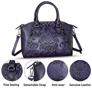 Genuine Leather Satchel for Women Embossed Leather Handbag Top Handle Bags Handmade Purse Crossbody Tote Handbags (Purple)