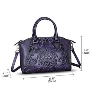 Genuine Leather Satchel for Women Embossed Leather Handbag Top Handle Bags Handmade Purse Crossbody Tote Handbags (Purple)