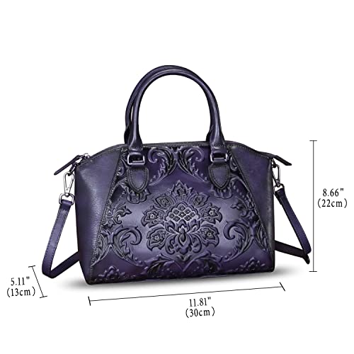 Genuine Leather Satchel for Women Embossed Leather Handbag Top Handle Bags Handmade Purse Crossbody Tote Handbags (Purple)