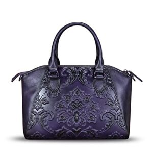 Genuine Leather Satchel for Women Embossed Leather Handbag Top Handle Bags Handmade Purse Crossbody Tote Handbags (Purple)