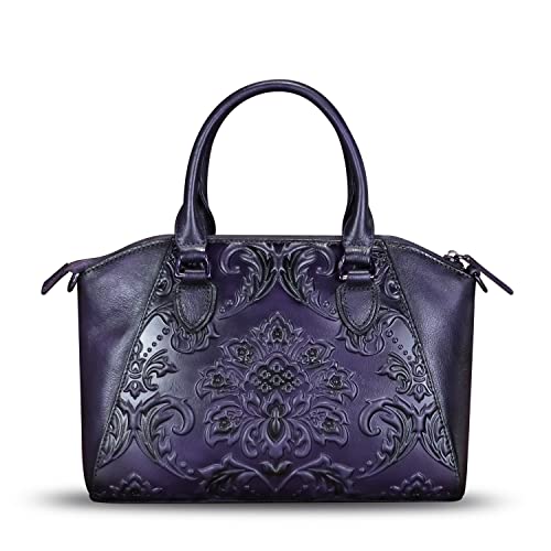 Genuine Leather Satchel for Women Embossed Leather Handbag Top Handle Bags Handmade Purse Crossbody Tote Handbags (Purple)