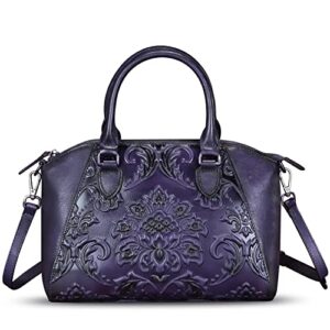 Genuine Leather Satchel for Women Embossed Leather Handbag Top Handle Bags Handmade Purse Crossbody Tote Handbags (Purple)